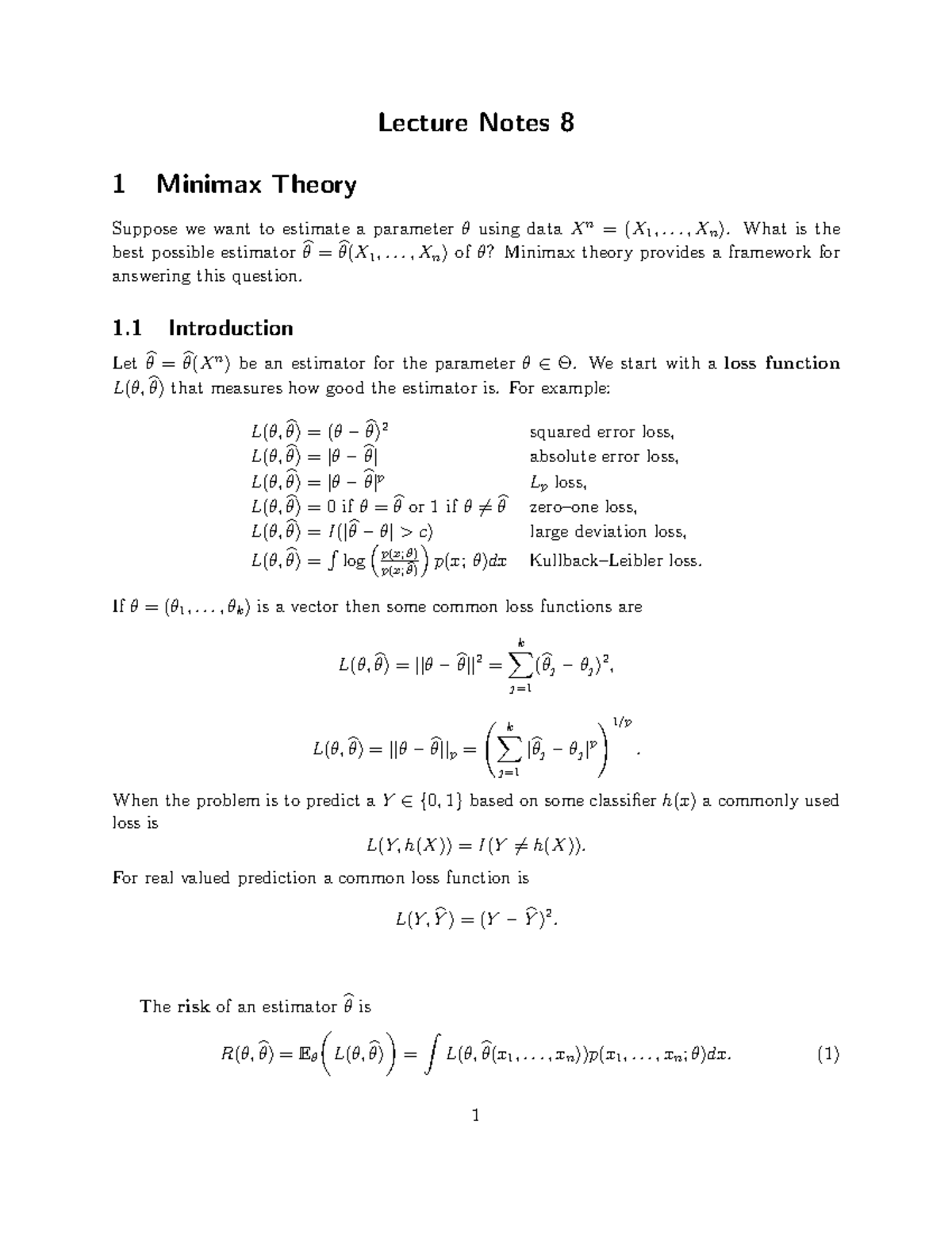 Lecture 8 - Lecture Notes 8 1 Minimax Theory Suppose we want to ...