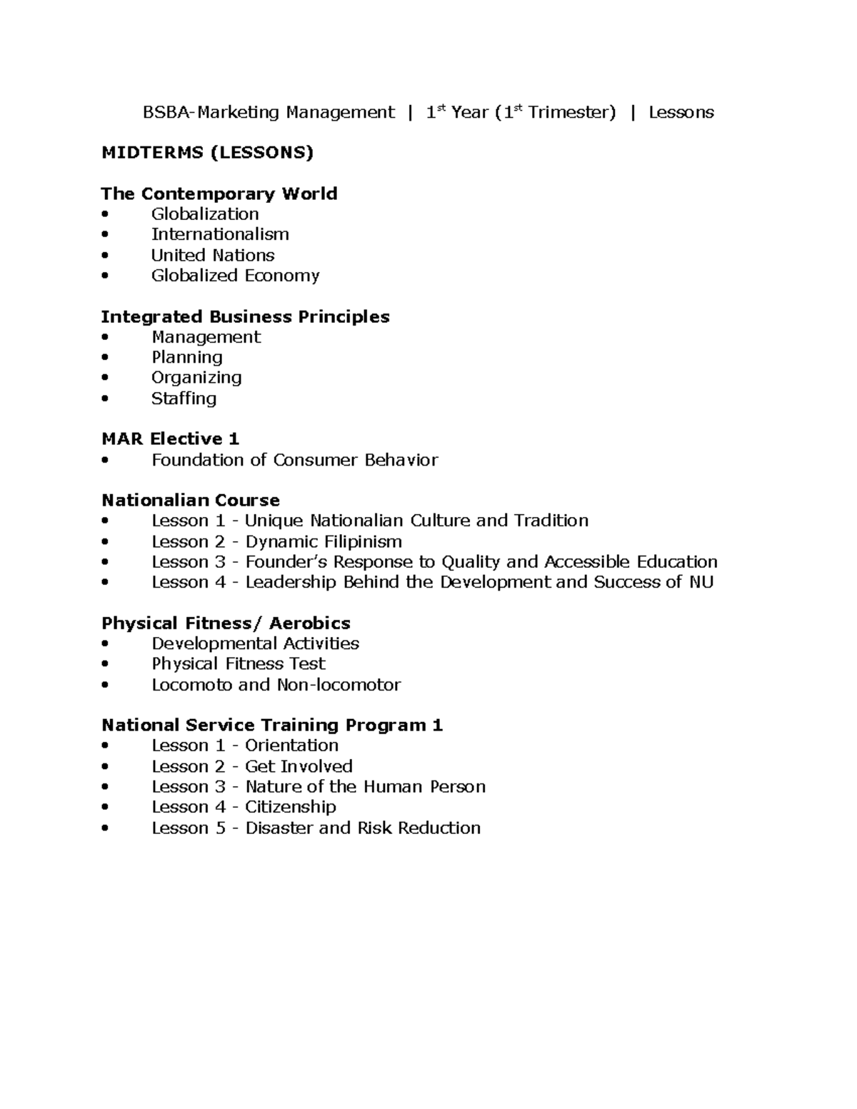 1st Year (1st Trimester Lessons) - BSBA-Marketing Management | 1 st Year (1st Trimester ...