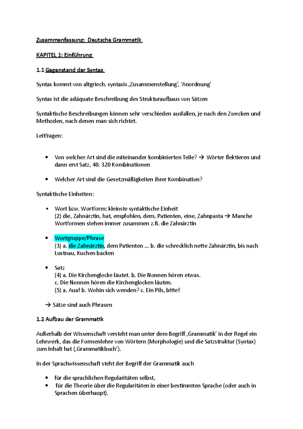 Zusammenfassung Deutsche Syntax - Sprachwissenschaft Deutsche Grammatik ...