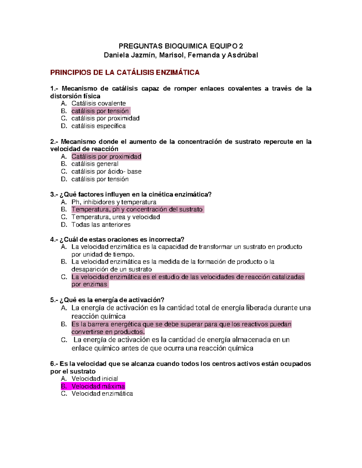 Preguntas Bioquimica Equipo 2 - PREGUNTAS BIOQUIMICA EQUIPO 2 Daniela Jazmín, Marisol, Fernanda ...