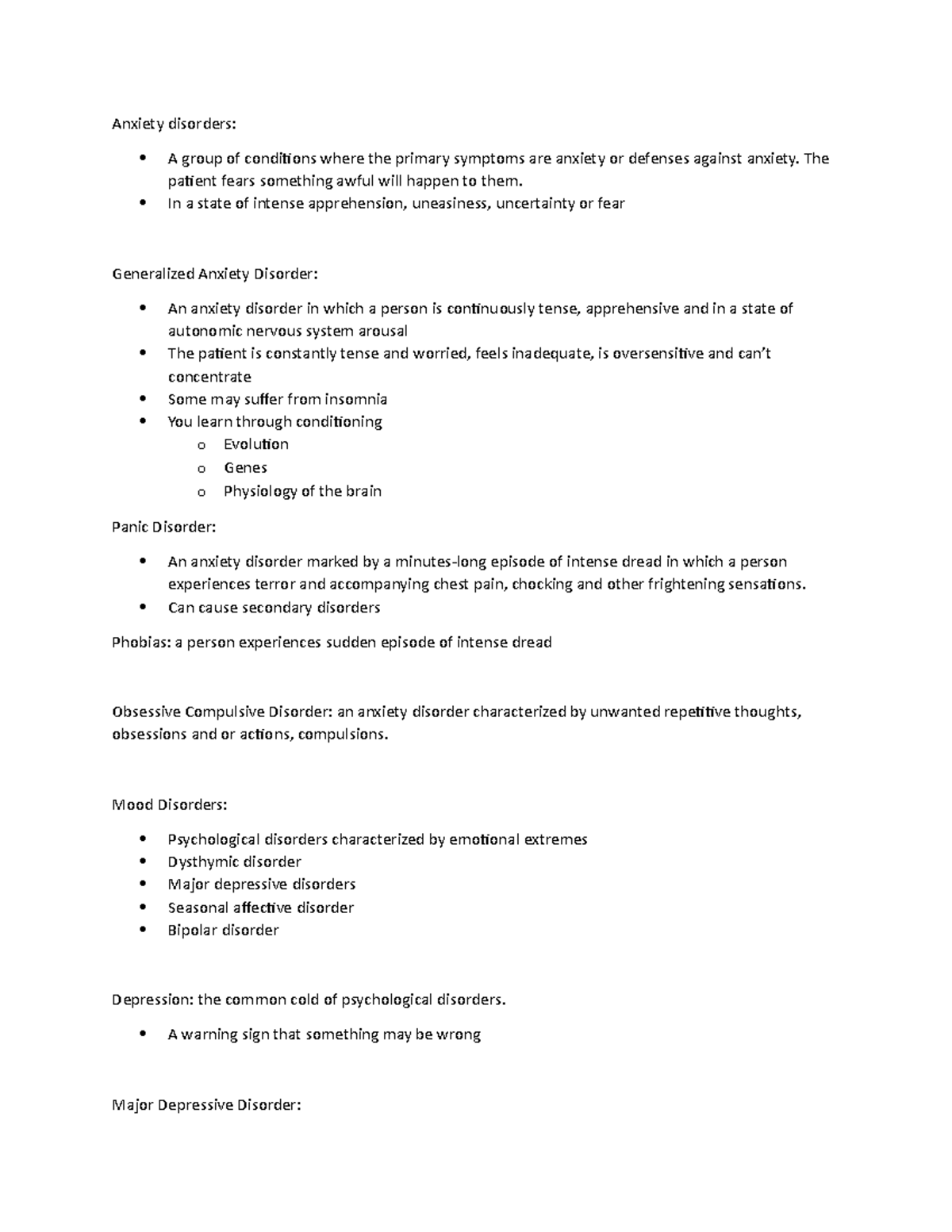 Abnormal Psyc disorders notes - Anxiety disorders: A group of ...