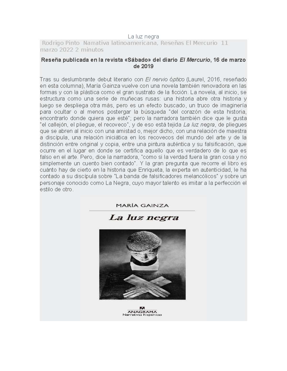 La luz negra Reseña - La luz negra Rodrigo Pinto Narrativa ...