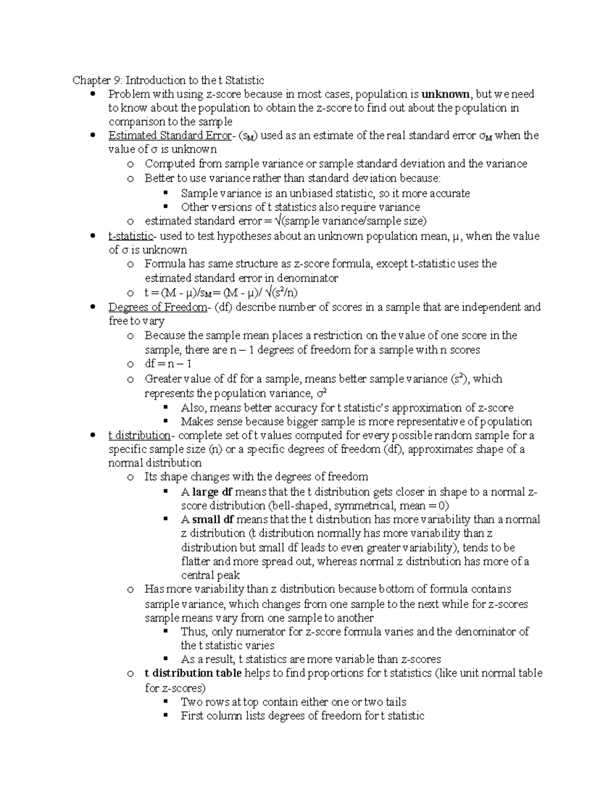 Chapter 9- Introduction to the t Statistic - Studocu