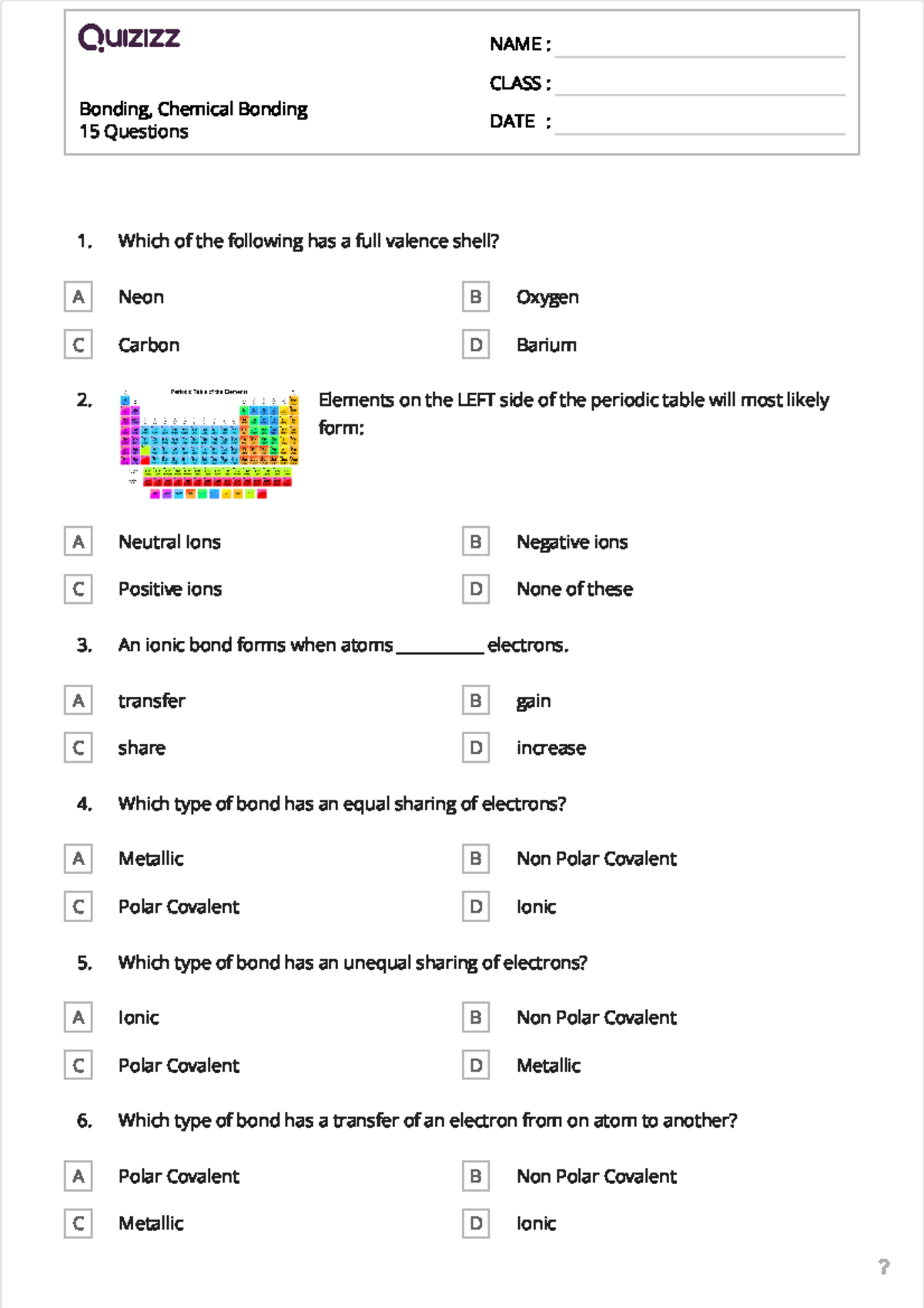 Bonding, Chemical Bonding - Bonding, 15 Questions Chemical Bonding NAME ...