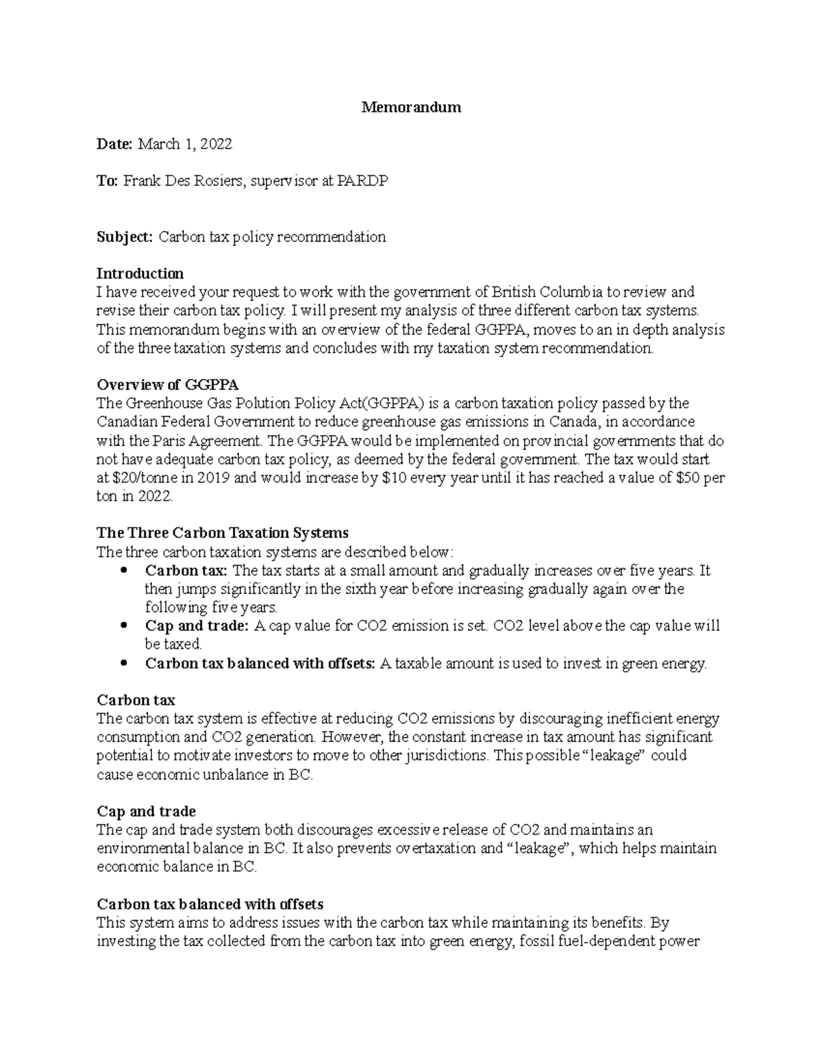 Carbon tax - goooooooooooooooooooooooooooo - Memorandum Date: March 1 ...