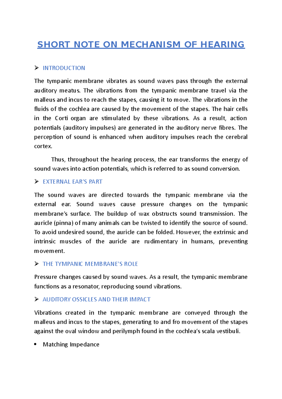 Short note on mechanism of hearing - SHORT NOTE ON MECHANISM OF HEARING ...
