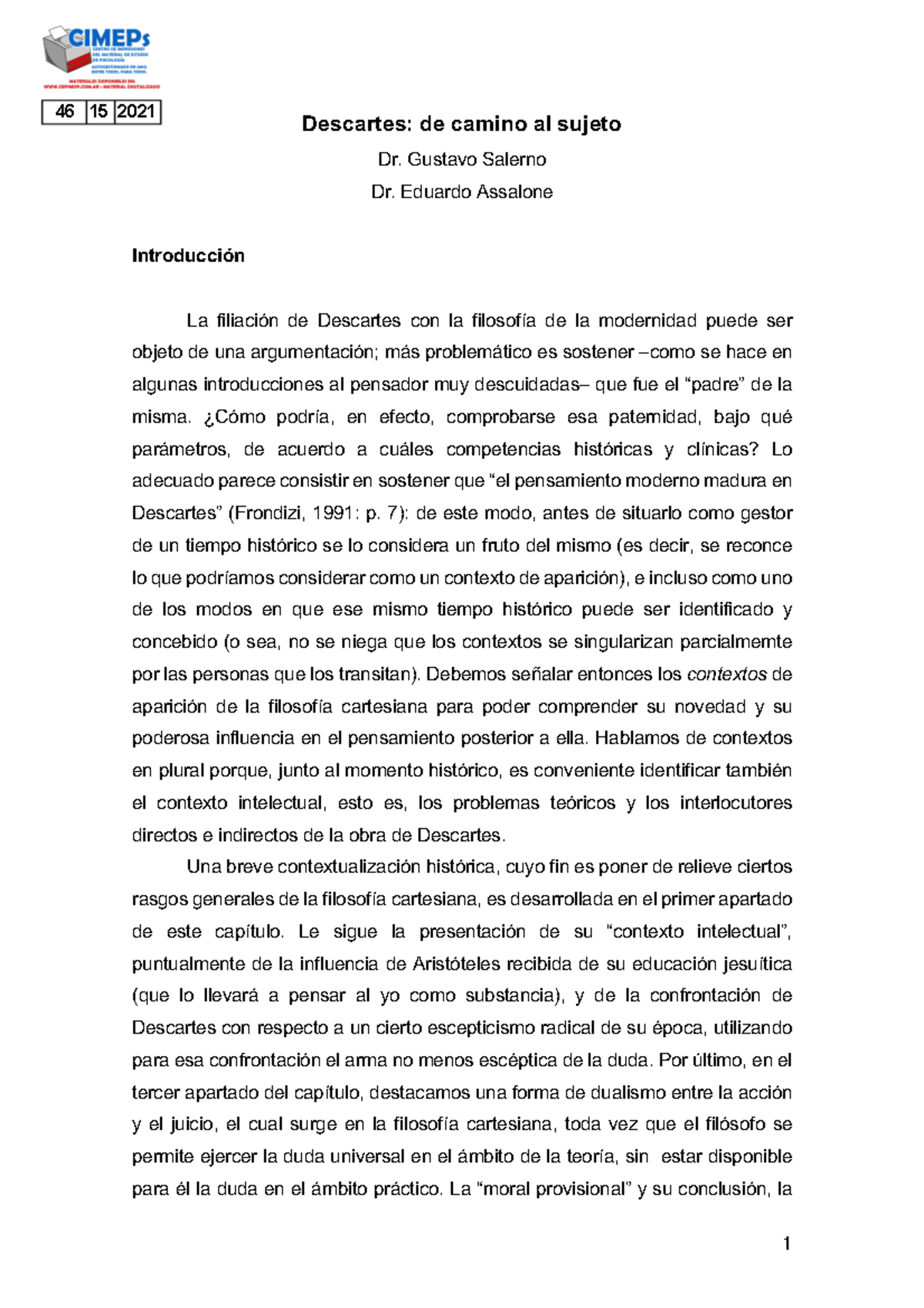 Assalone, E. y Salerno, G (2). Descartes de camino al sujeto en Salerno ...
