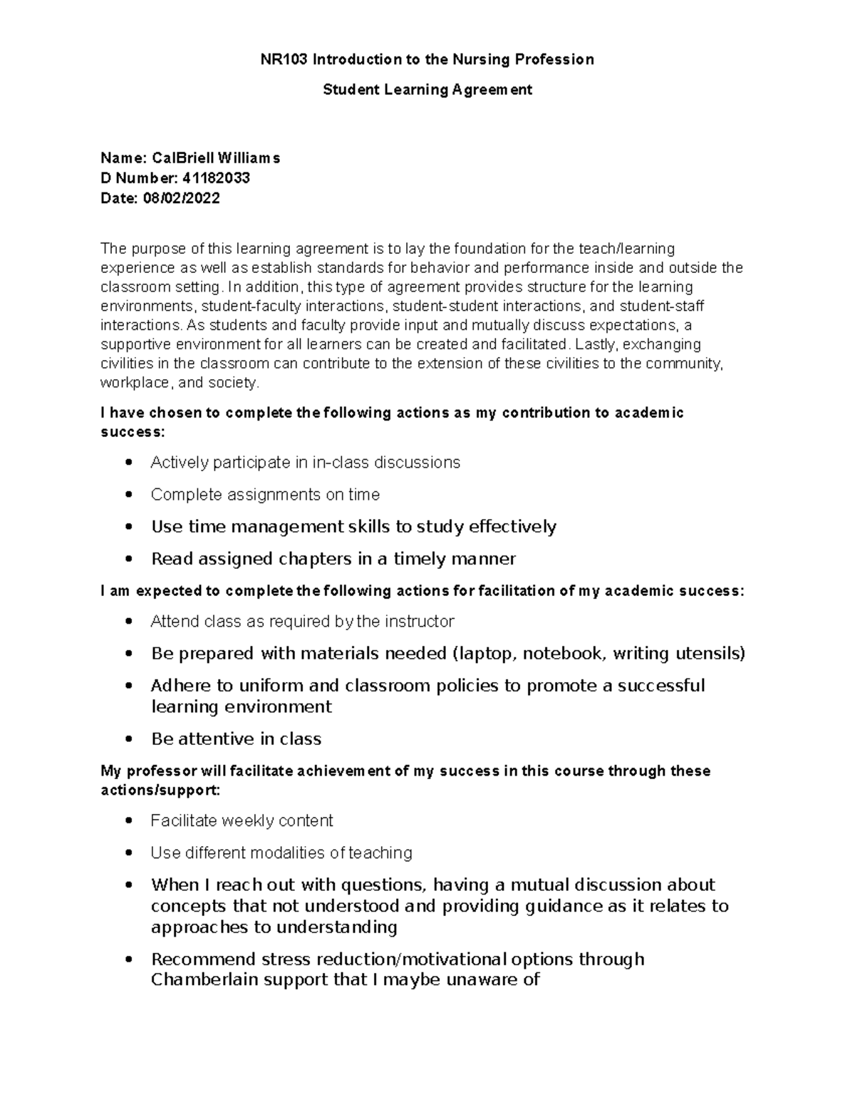 Learning Agreement Template - NR103 Introduction to the Nursing ...