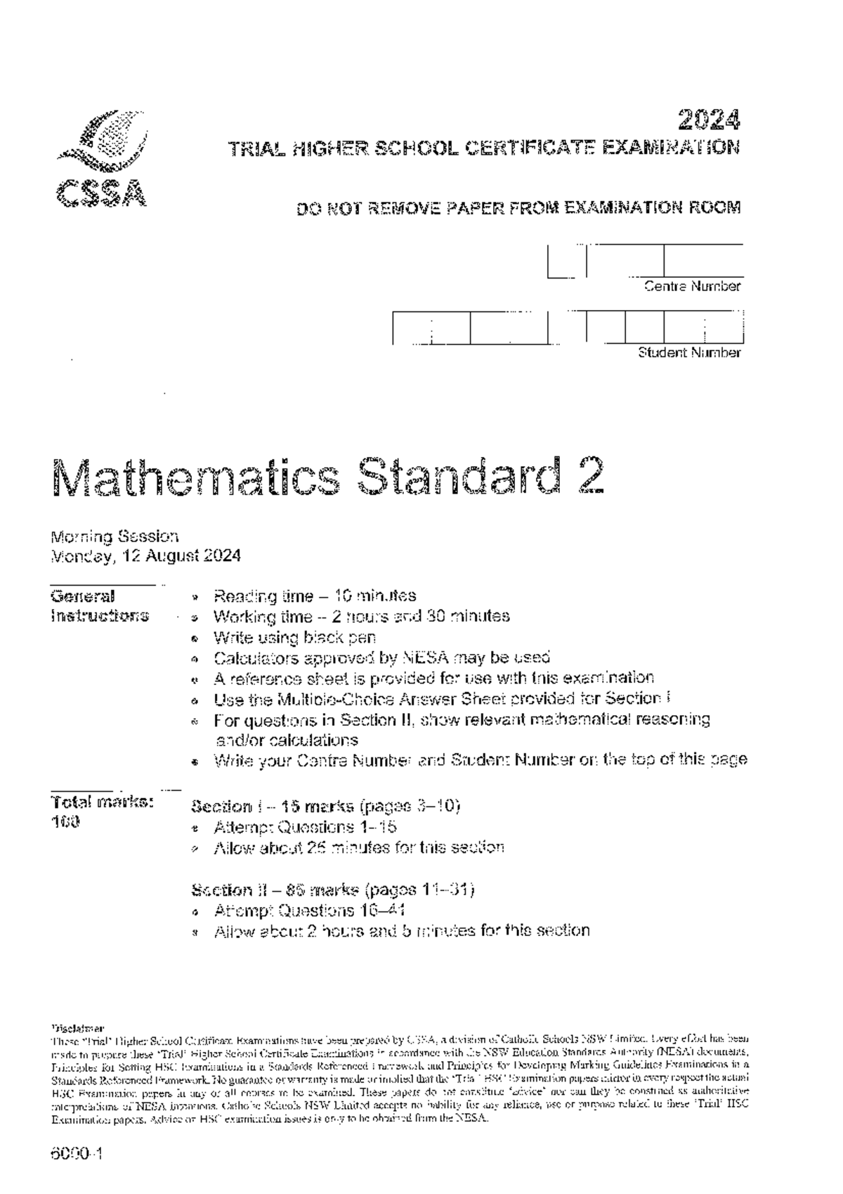 2024 CSSA HSCTrial Math Standard 2 Exam - 2024 TRIAL HIGHER SCHOOL CERTIFICATE EXAMINATION CSSA ...