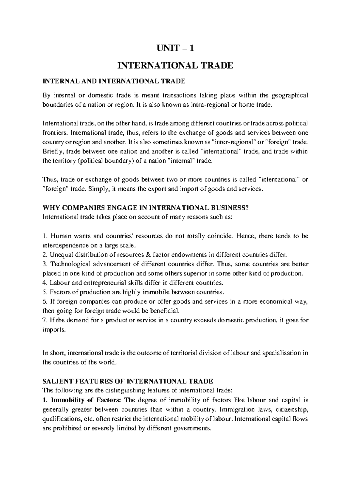 UNIT-1-BBA 3 YR- International Trade - UNIT – 1 INTERNATIONAL TRADE ...
