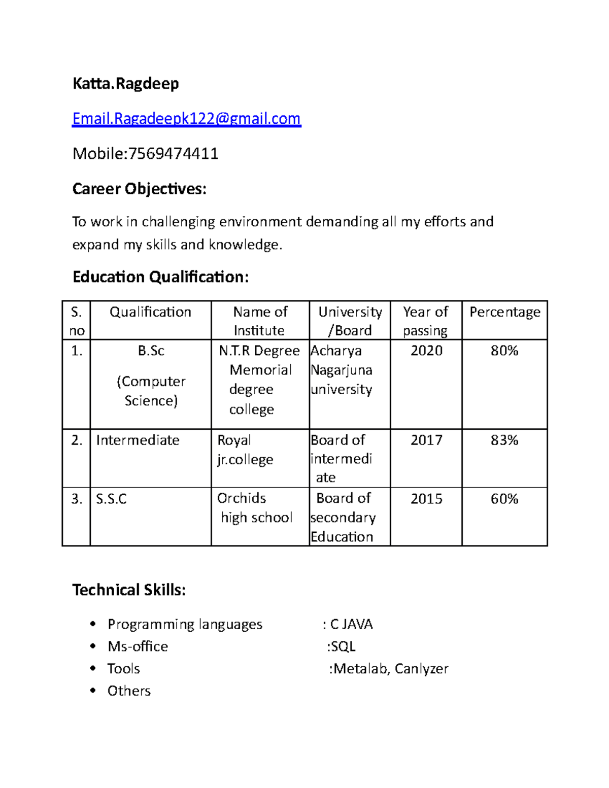 Ragadeep resume Ragadeep Katta (1) (2) - Katta Email@gmail Mobile ...