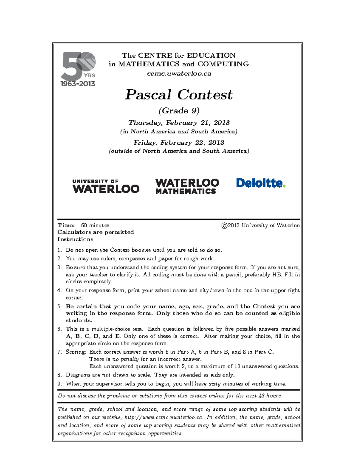University of Waterloo 2013 Pascal math Contest - The CENTRE for ...