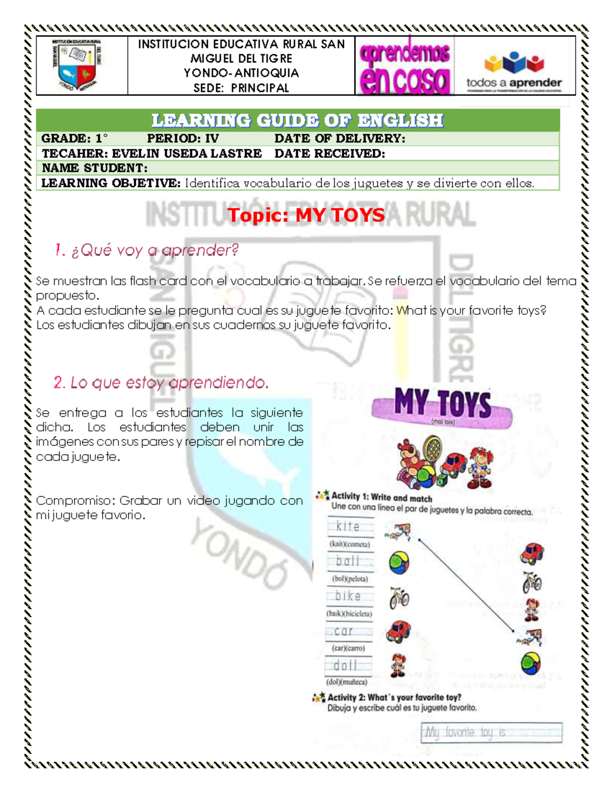 GUÍA DE Aprendizaje DE Inglés 1°. Toys - INSTITUCION EDUCATIVA RURAL ...