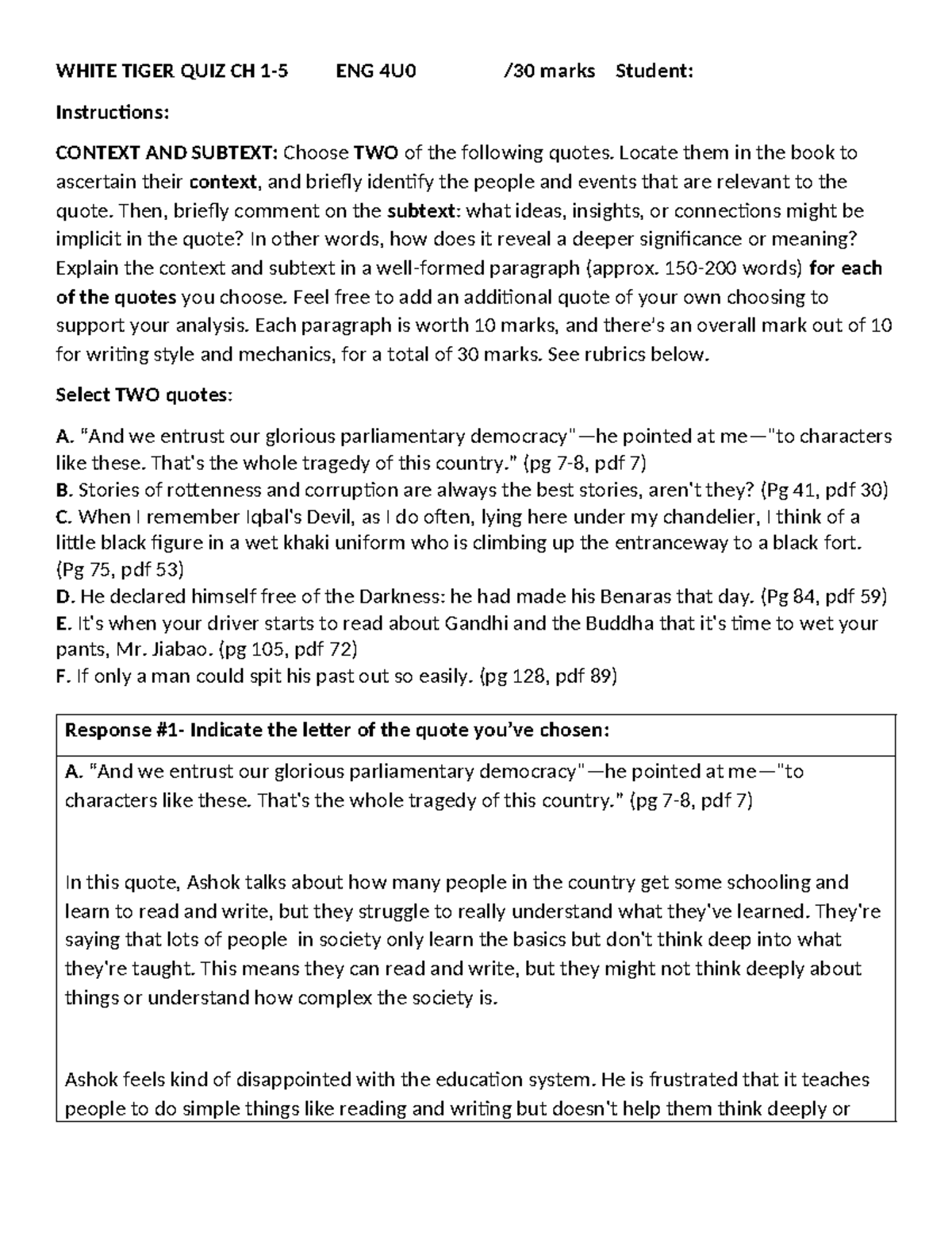 White Tiger Quiz 2023-3 - WHITE TIGER QUIZ CH 1-5 ENG 4U0 /30 marks ...