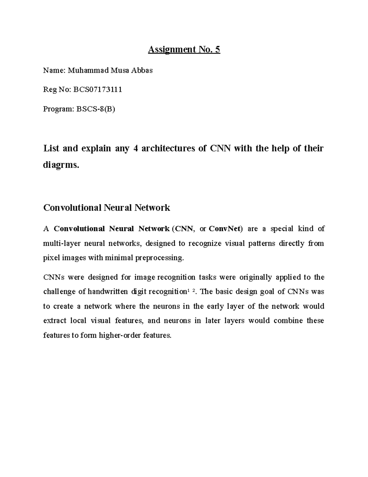 Assi 5 ANN - Assignment - Assignment No. 5 Name: Muhammad Musa Abbas ...