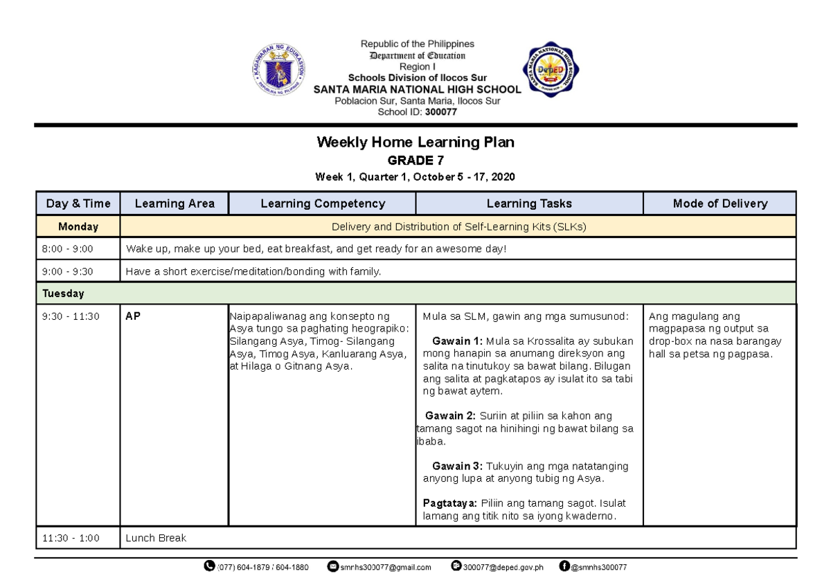 WHLP Grade 7 Q1 Week 1 - Weekly Home Learning Plan GRADE 7 Week 1 ...
