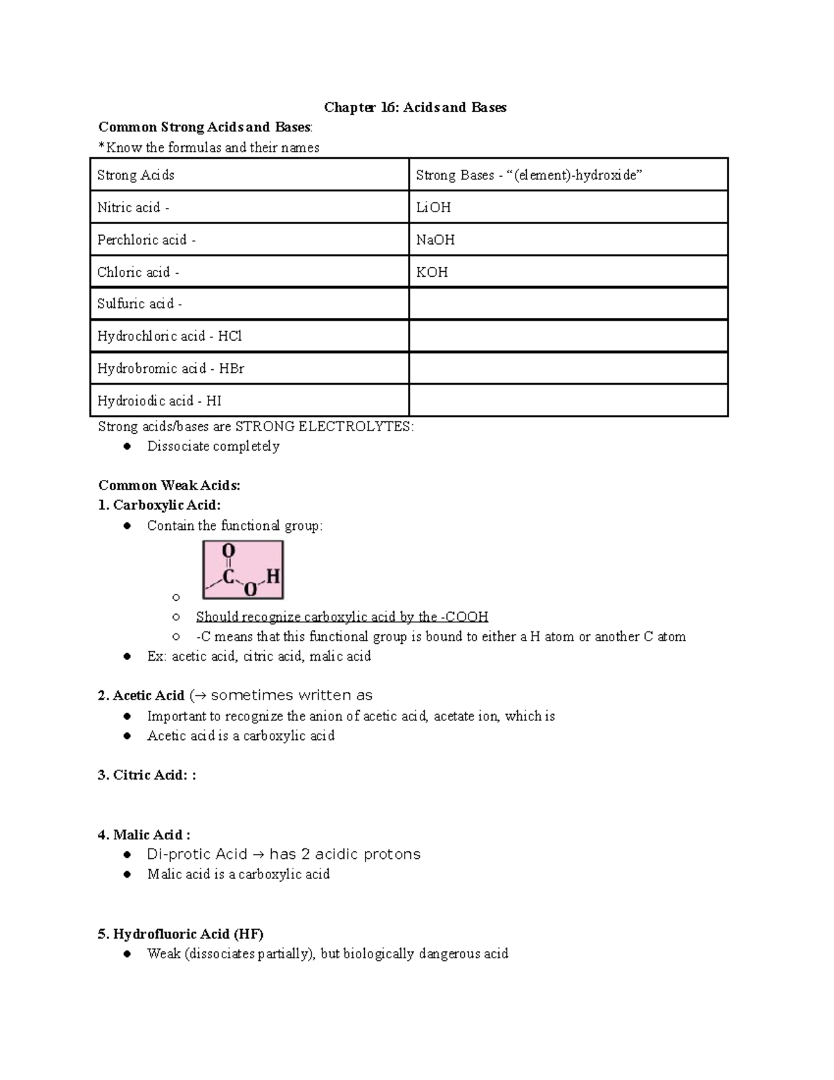 Chapter 16 Acids and Bases - Chapter 16: Acids and Bases Common Strong ...