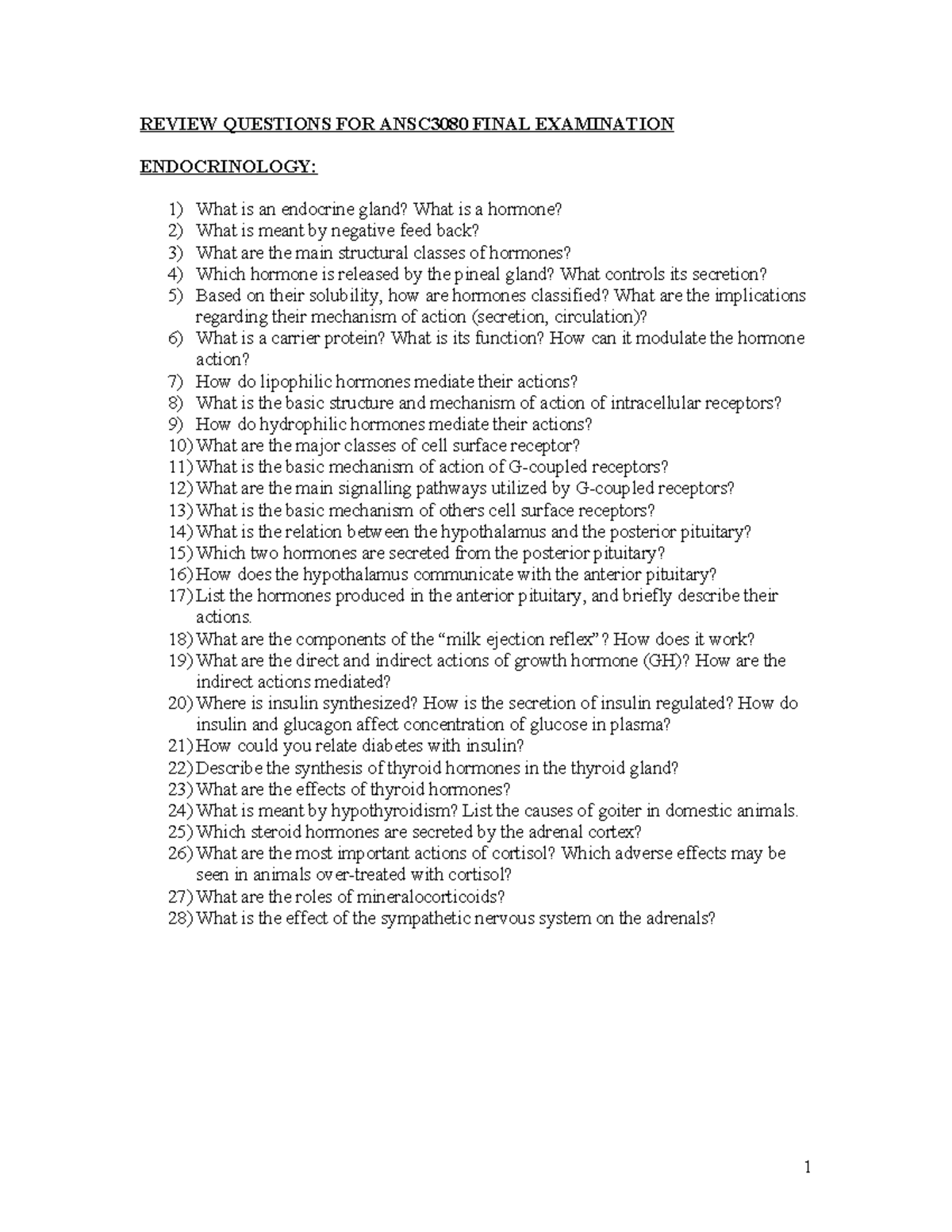 Review questions Endocrine System - REVIEW QUESTIONS FOR ANSC3080 FINAL ...