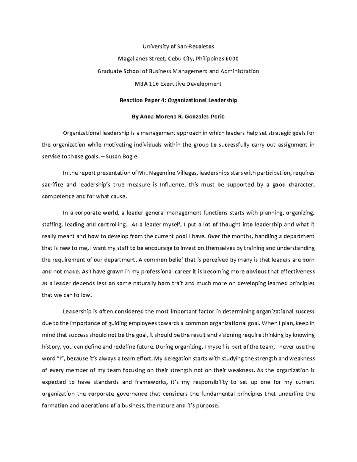 MBA 116 ED Reaction Paper - Organizational Leadership - Warning: TT ...