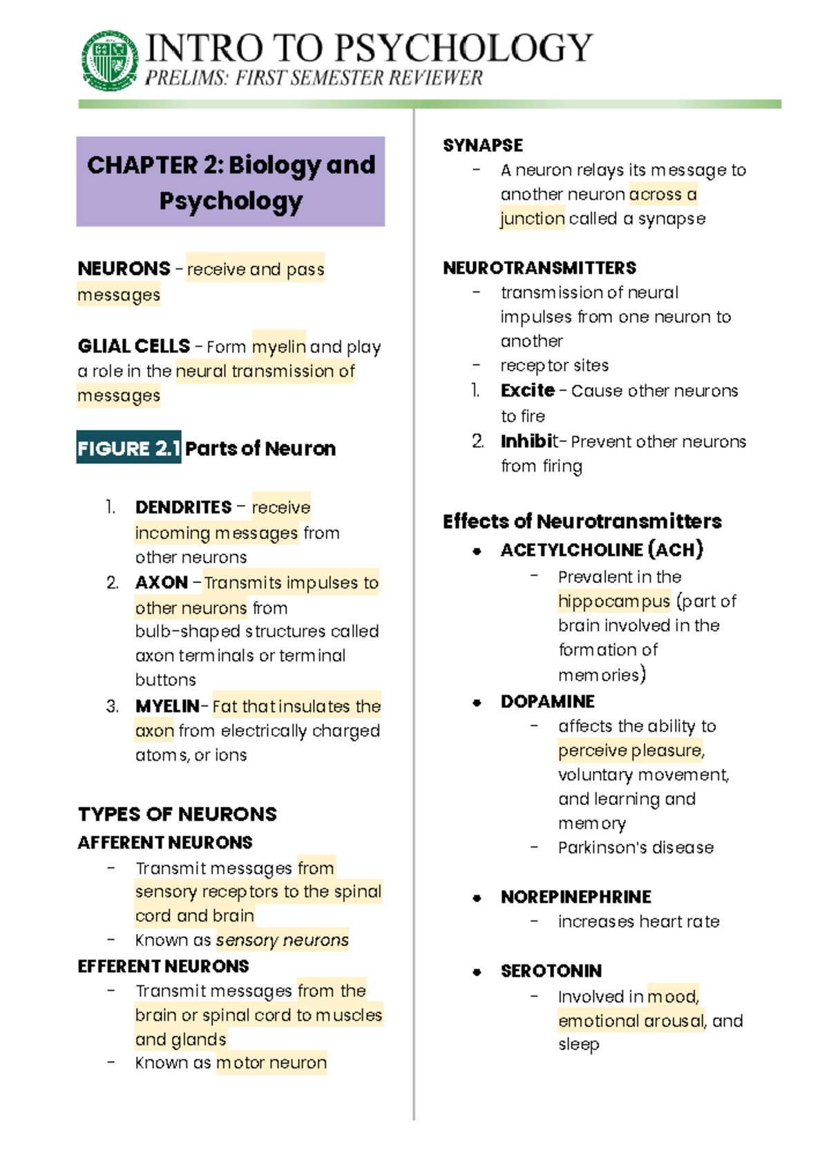 Ipsych-Chapter 2-Reviewer - CHAPTER 2: Biology and Psychology NEURONS ...