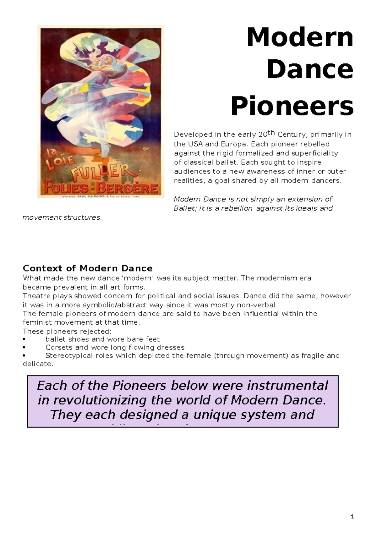 23 Modern Dance research and movement activity - Modern Dance Pioneers ...