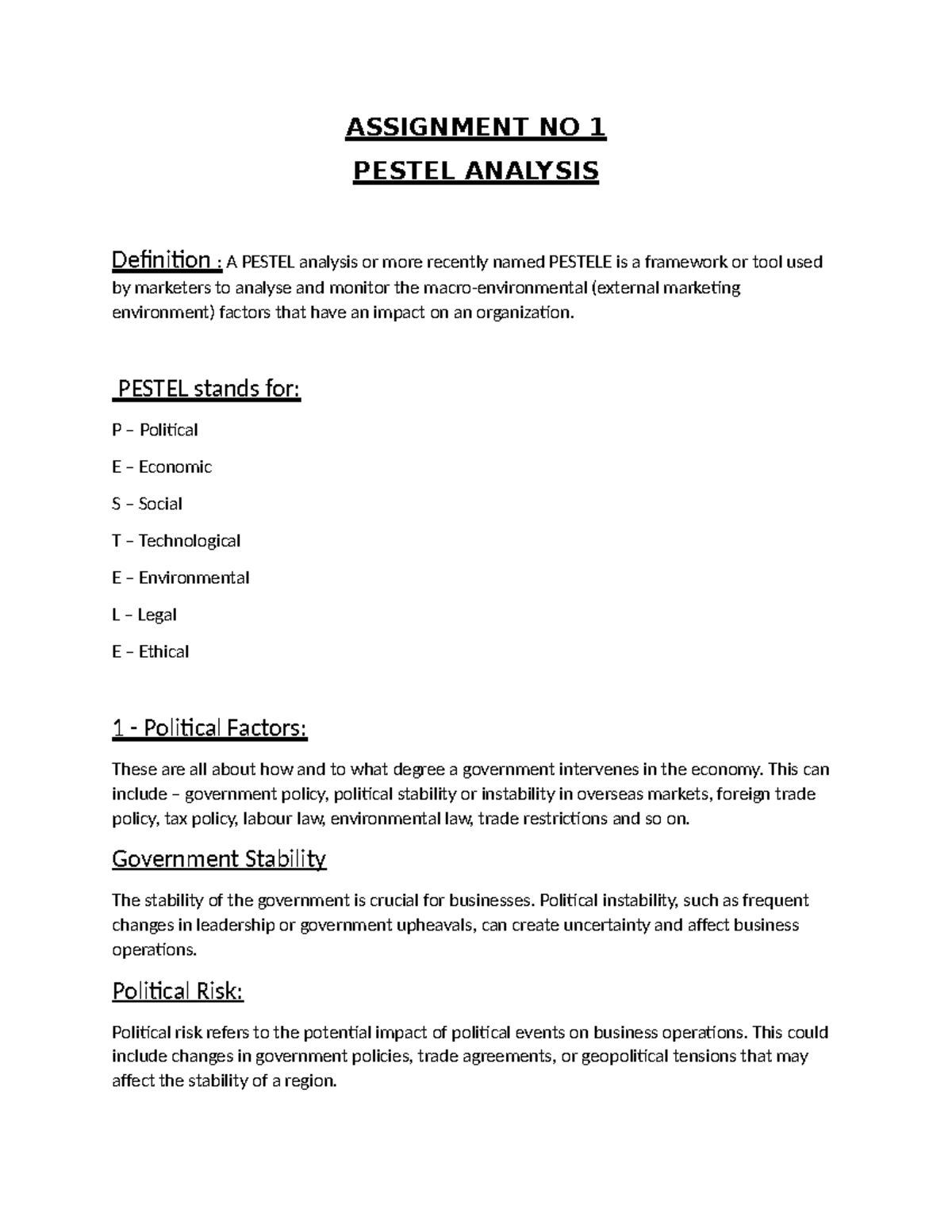 Assignment NO 1 - important - ASSIGNMENT NO 1 PESTEL ANALYSIS ...