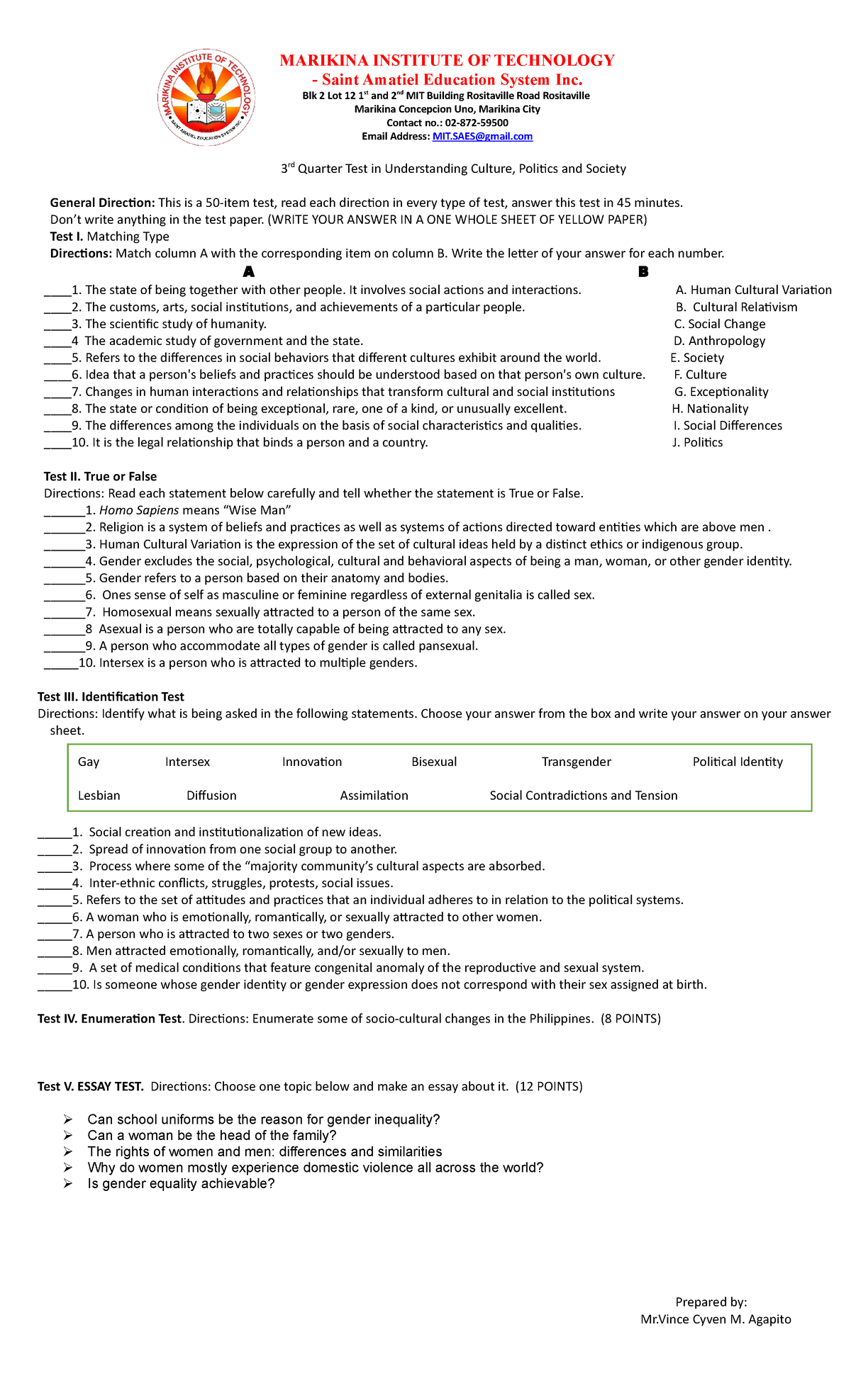 Understanding Culture, Society and Politics. Examination - MARIKINA ...