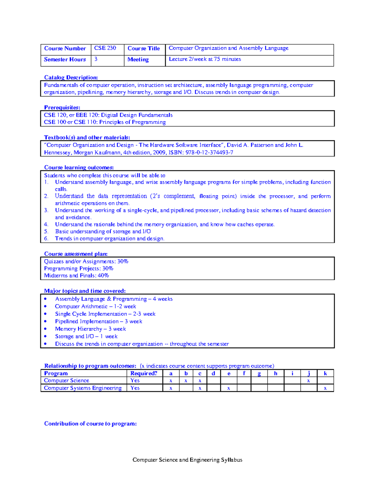 CSE 230 COAL Sp11 - Syllabus - Computer Science and Engineering Syllabus Course Number CSE 230 ...