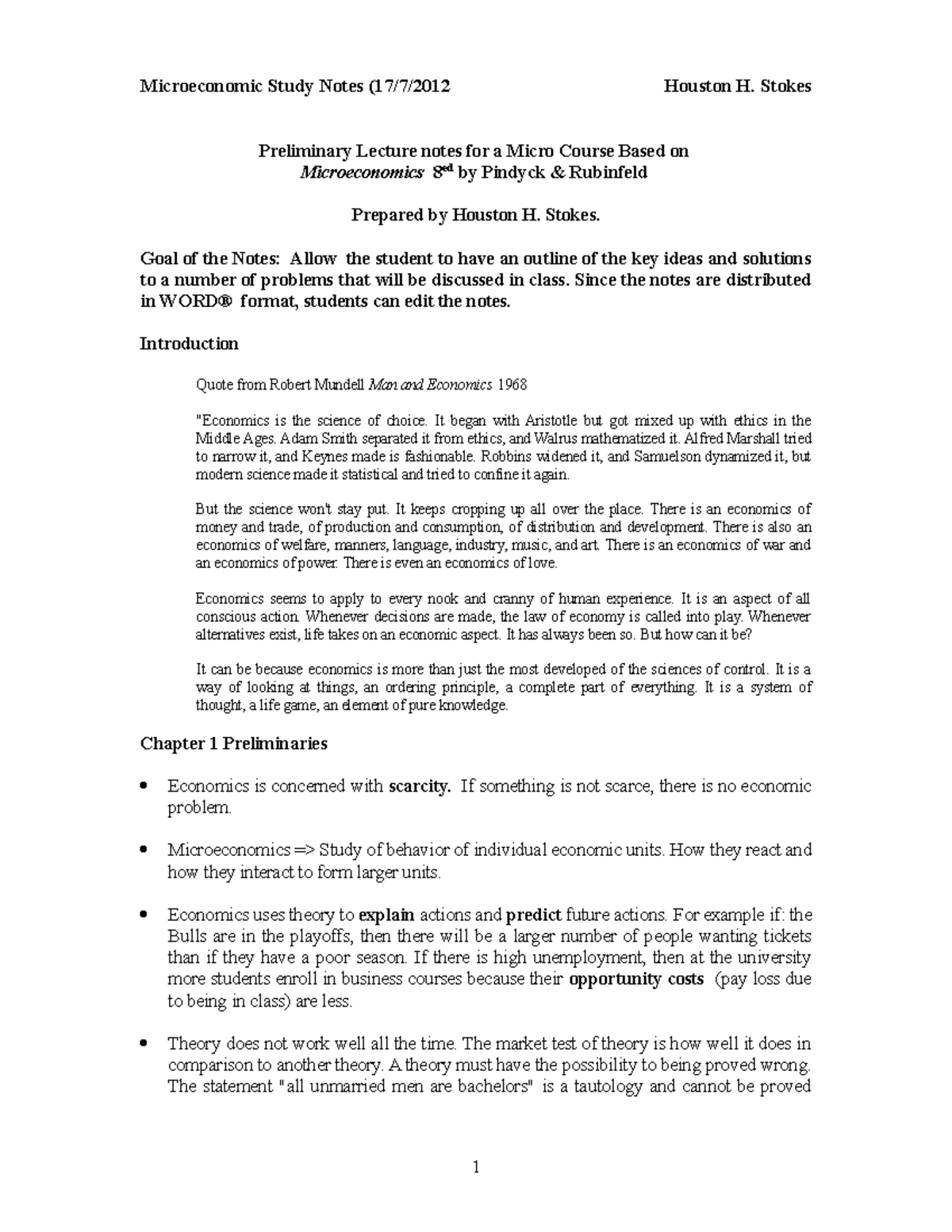 Micronotes - notes - Preliminary Lecture notes for a Micro Course Based ...