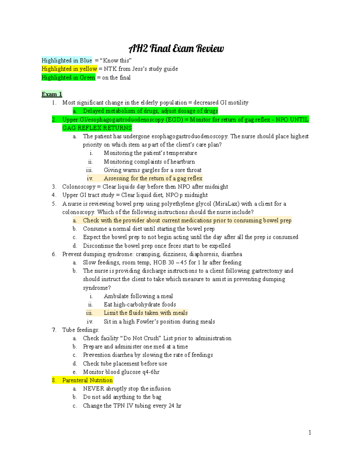 AH2 Final Exam Review - AH2 na a Review Highlighted in Blue