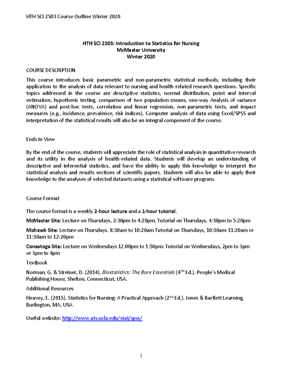 HTH SCI 2S03 Course Outline- Winter 2020 revised - HTH SCI 2S03 Course Outline Winter 2020 HTH ...