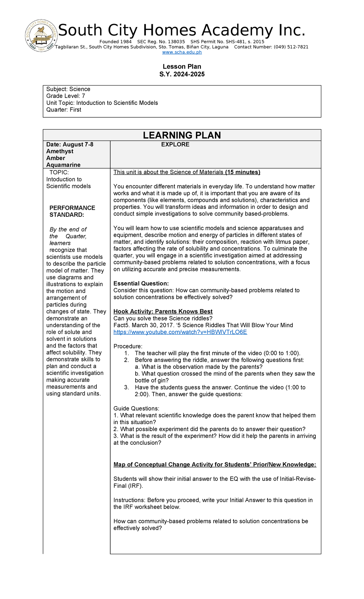 Learning Plan in Science 7 WEEK 1 - ####### Founded 1984 SEC Reg. No ...