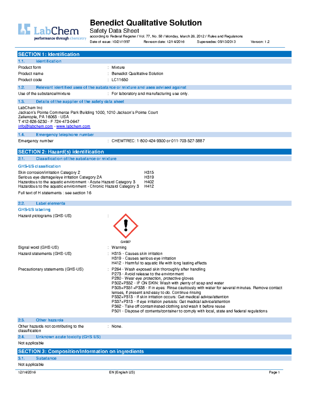 Benedict's Reagent - Safety Data Sheet according to Federal Register ...