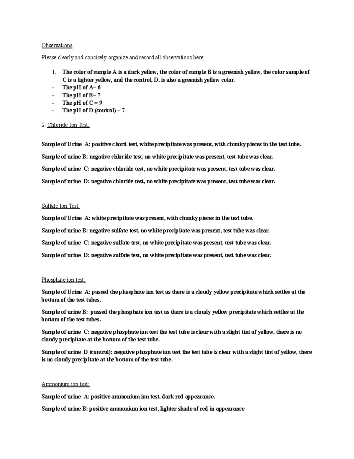 Post lab chemistry of urine - Observations Please clearly and concisely ...