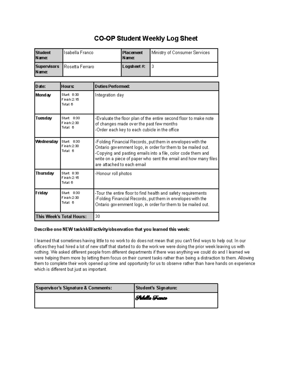 Week 3 Log sheets - Assignment - CO-OP Student Weekly Log Sheet Student ...