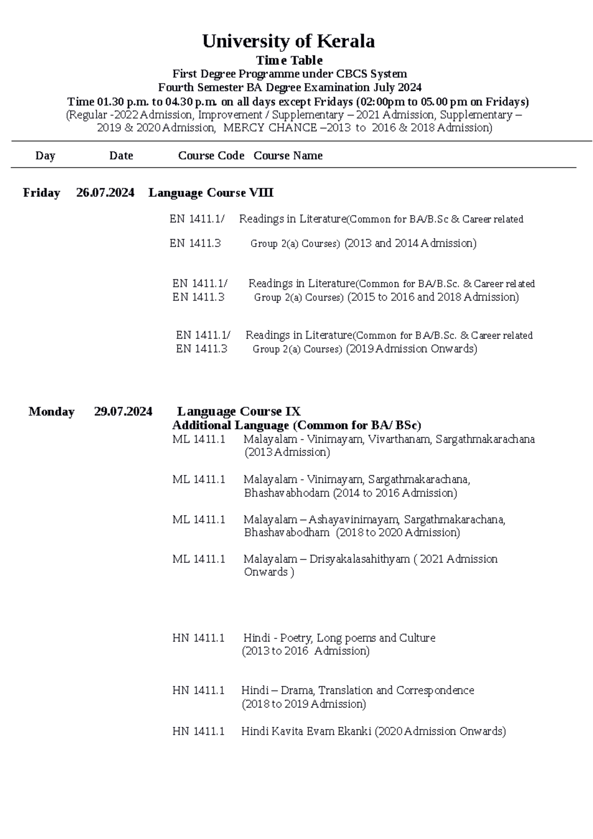 22105-1 - Good to read - University of Kerala Time Table First Degree Programme under CBCS ...