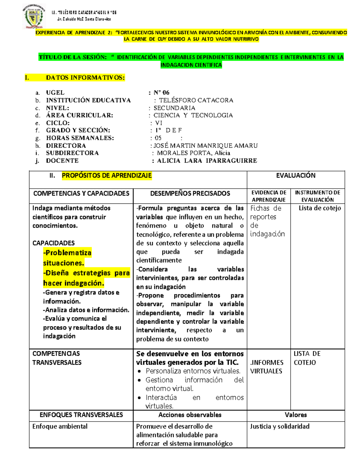 Sesion DE Variables 1° 2022 - Jr. Cahuide Mz Santa Clara-Ate ...