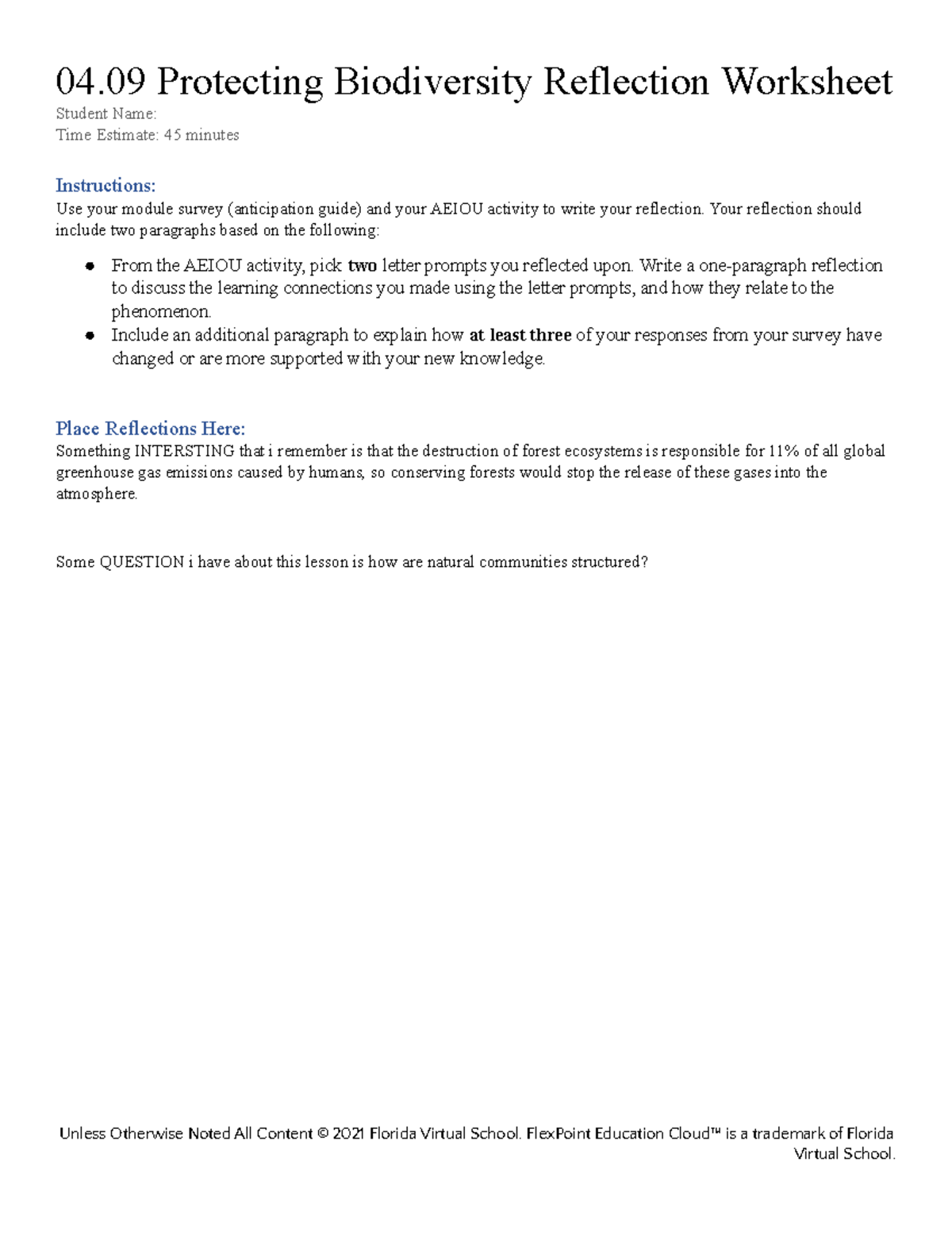 04 09 reflection worksheet - 04 Protecting Biodiversity Reflection ...