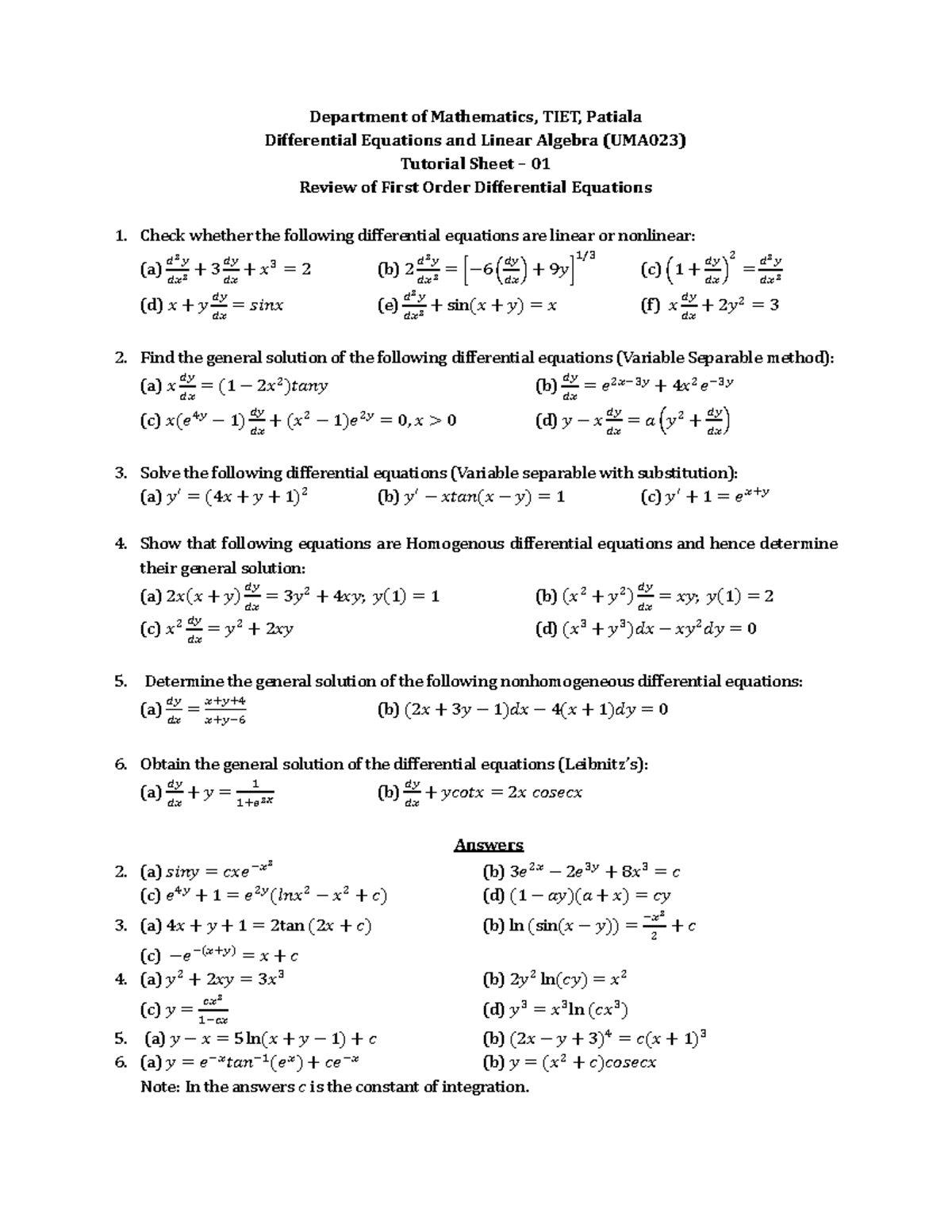 Tutorial Sheet 01 UMA023 - Department of Mathematics, TIET, Patiala ...