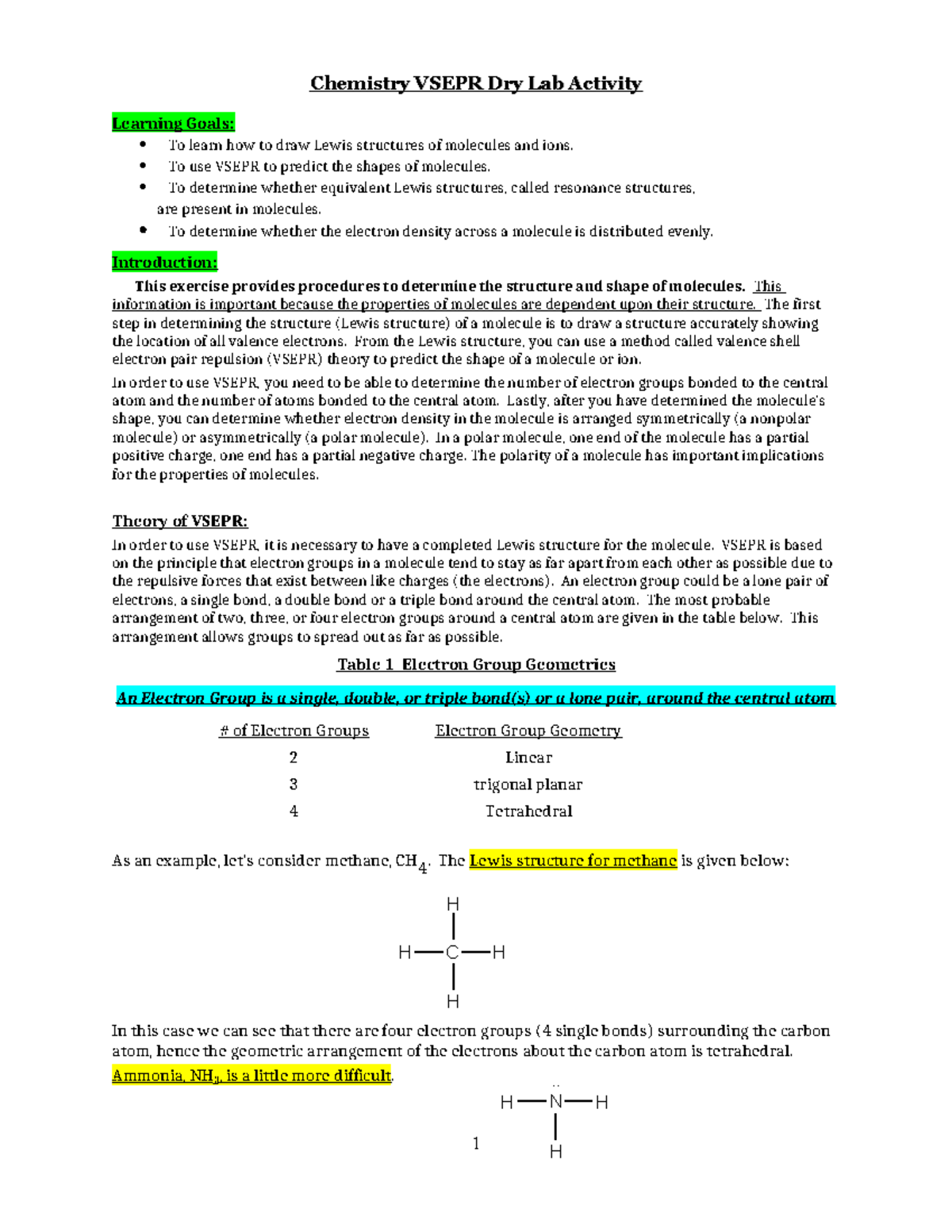 Vsepr Lab - Very good assignment - Chemistry VSEPR Dry Lab ...