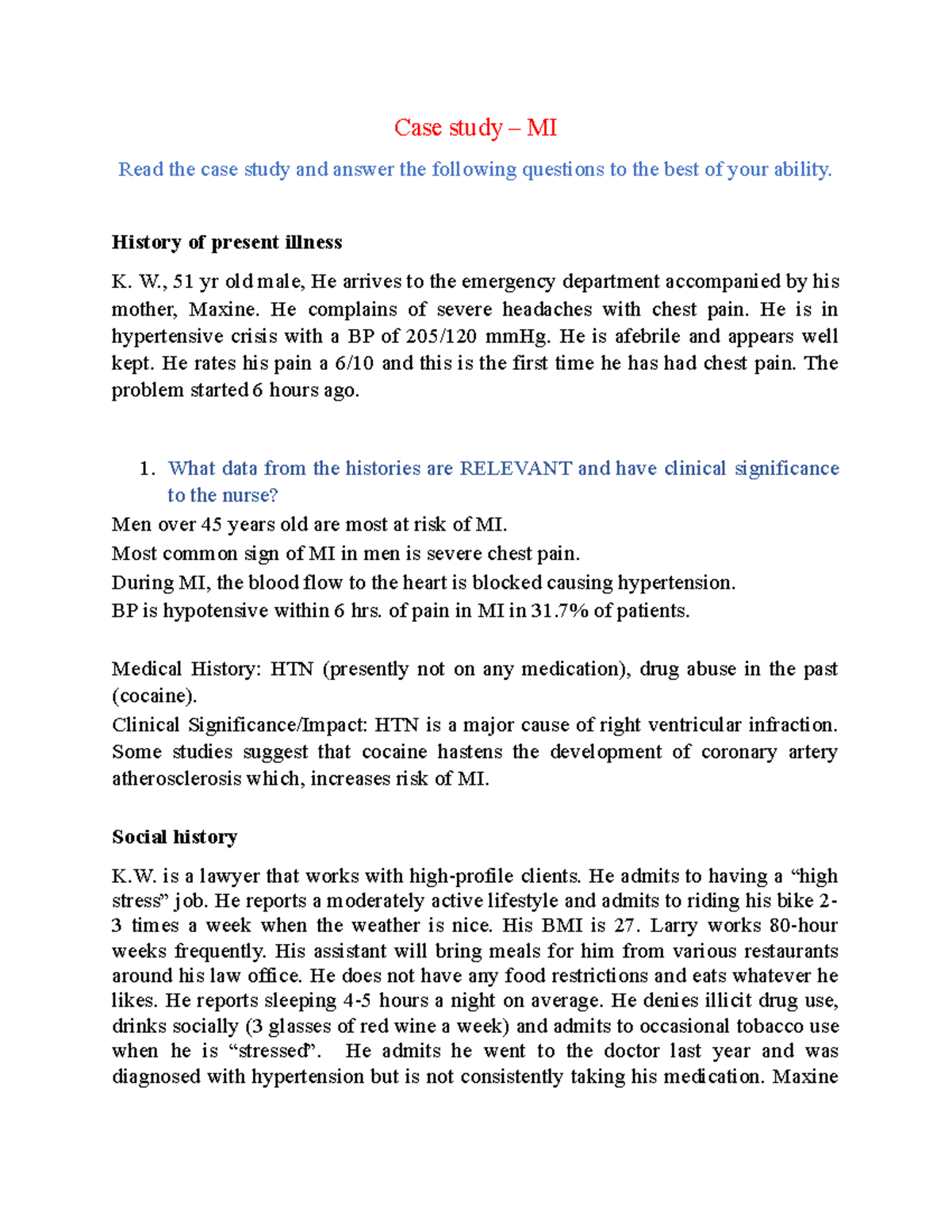 NURS117-Week 4 ATI Assignment MI Case Study - Case study – MI Read the ...