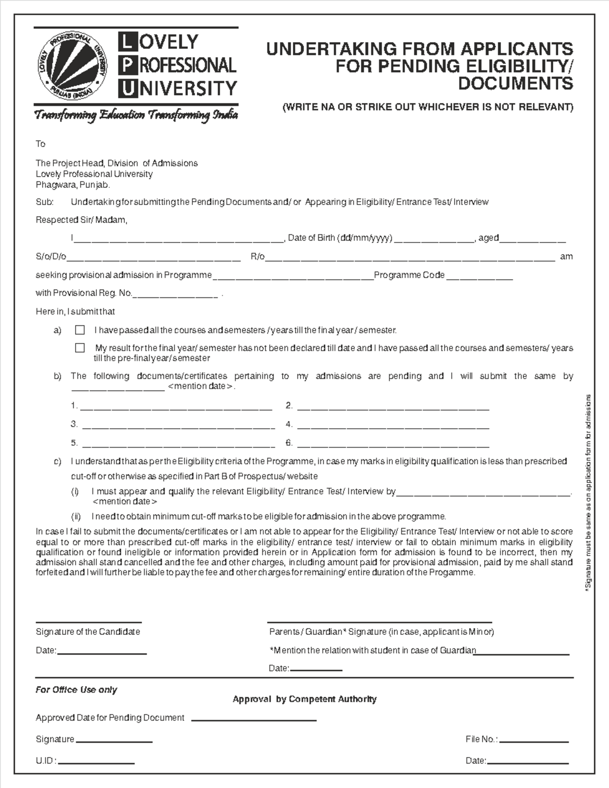 Format Undertaking Pending Eligibility - (WRITE NA OR STRIKE OUT WHICHEVER IS NOT RELEVANT ...