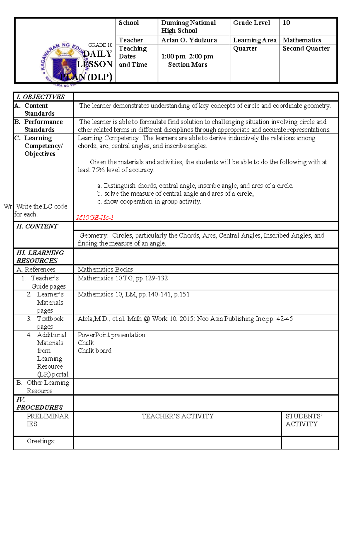 Circle-midterm - circle - I. OBJECTIVES A. Content Standards The ...