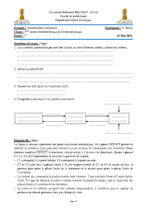 Examen 2019 - exercice automatisme - Page 1/ Université Mohamed BOUDIAF ...