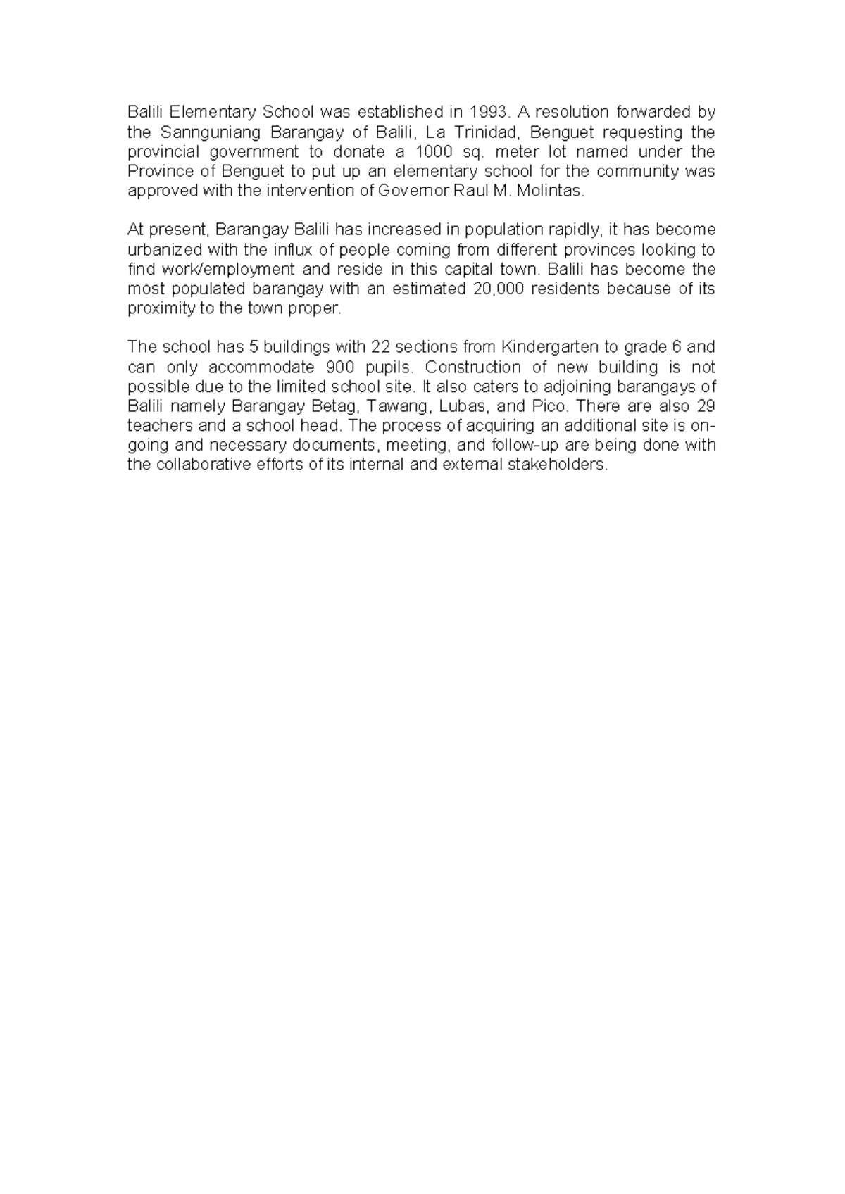 Balili Elementary School was established in 1993 - A resolution ...