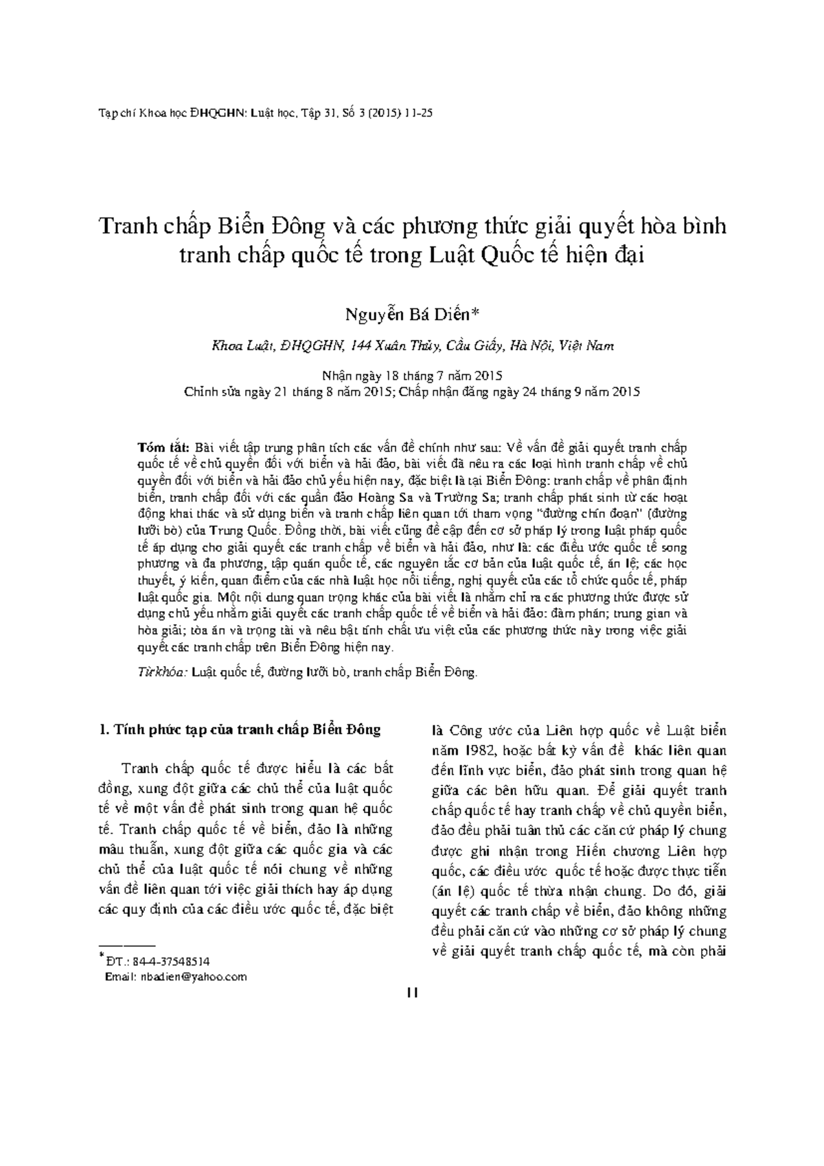 Biển đông - Biển Đông - T p chí Khoa h c HQGHN: Lu t h c, T p 31, S 3 (2015) 11- 11 Tranh ch p ...