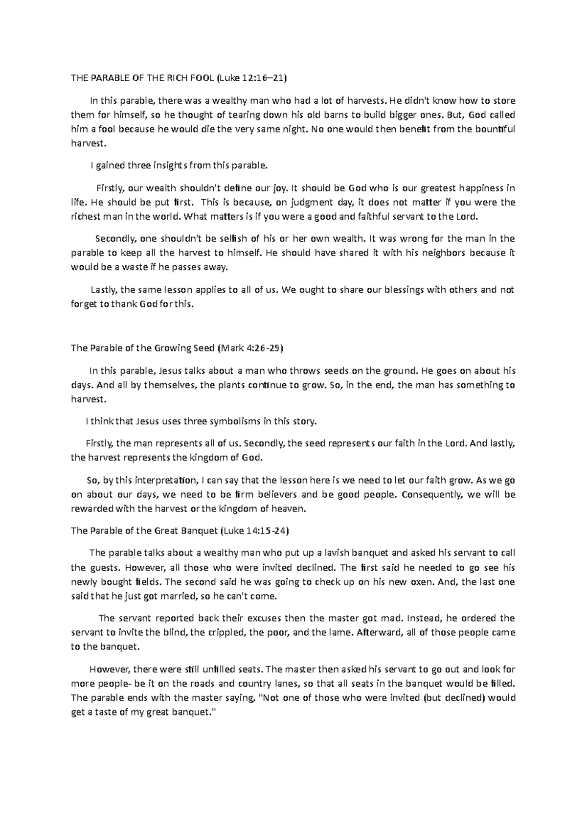 Parables - cle - THE PARABLE OF THE RICH FOOL (Luke 12:16–21) In this ...