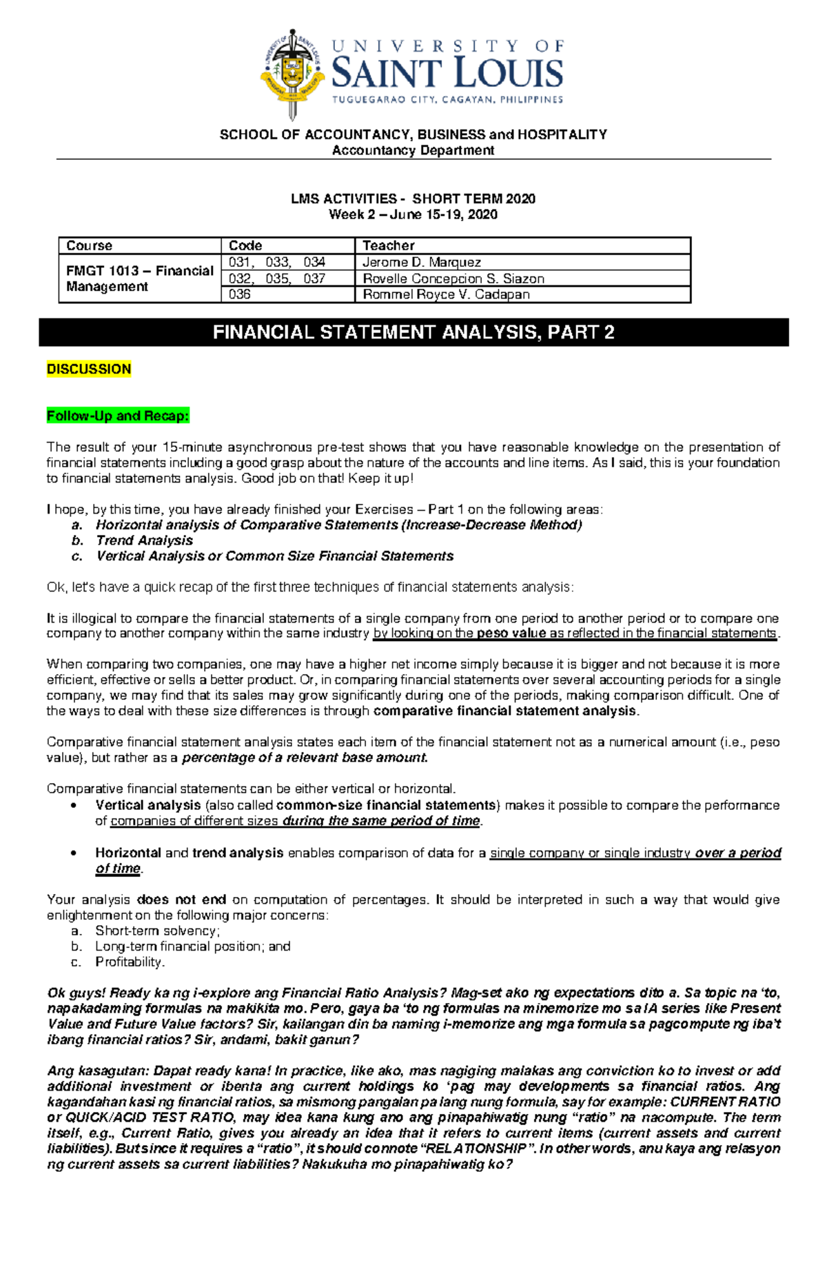 Financial Statements Analysis, Part 2- Discussion - SCHOOL OF ...