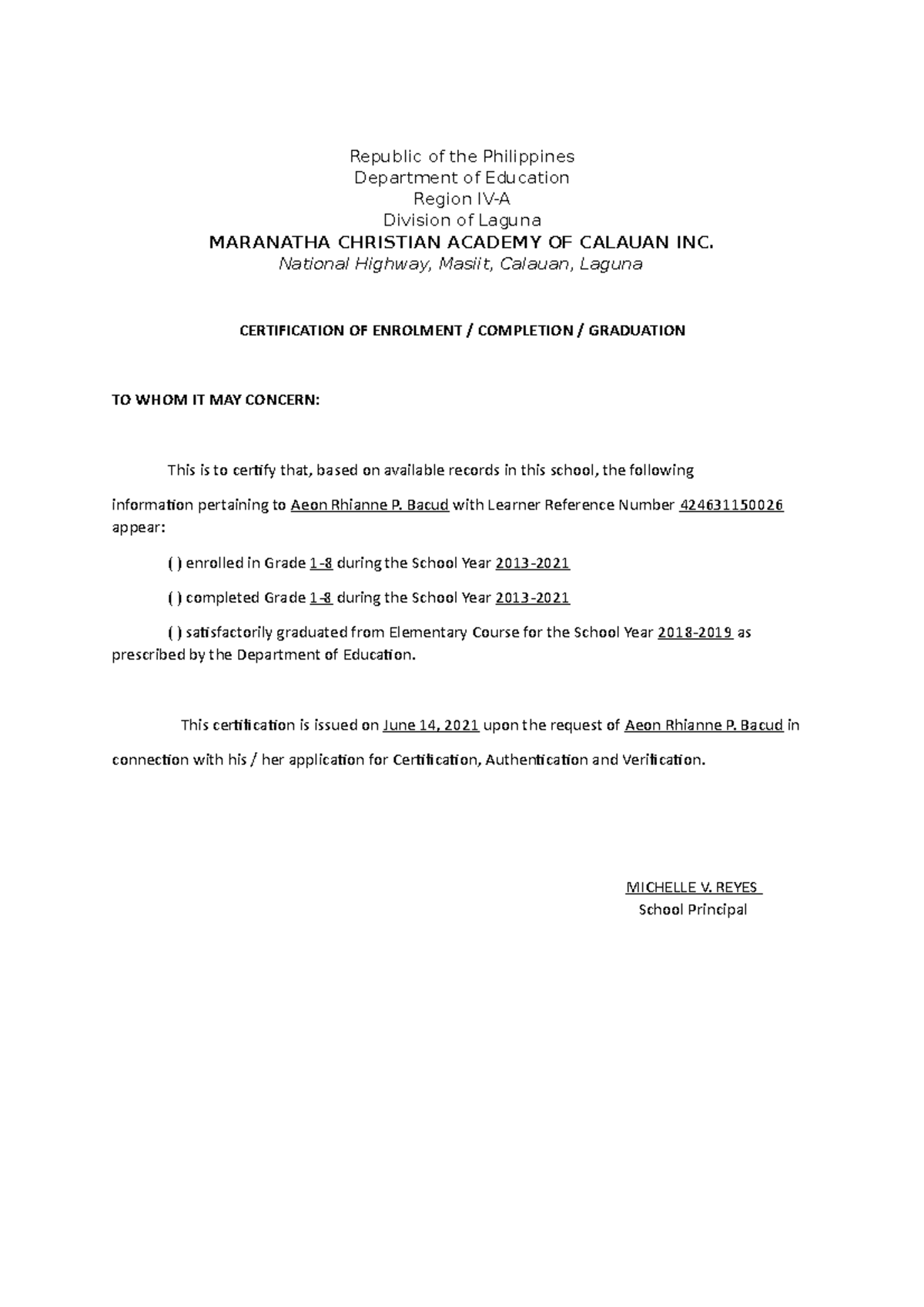 Certification Of Enrolment Completion Graduation Republic Of The