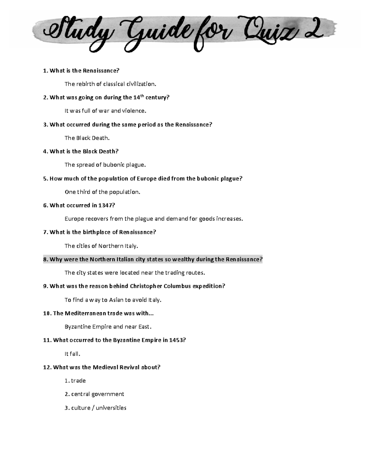 Study Guide for Quiz 2 - Professor John Owens HIST 100 - Quiz 2 ...